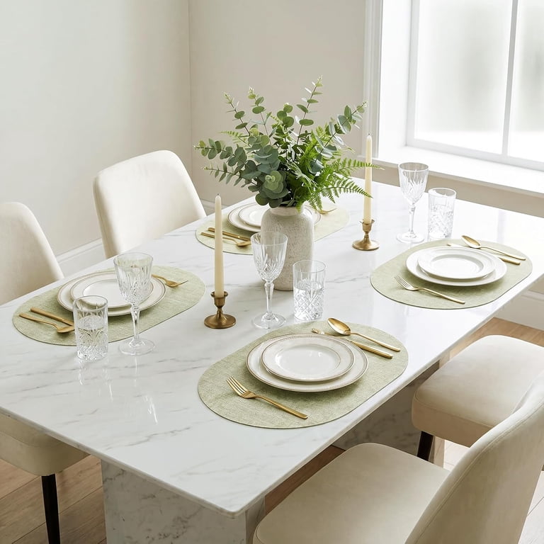 Faux Leather Oval Placemats Set of 6, Sage Green | Non-Slip & Heat ...