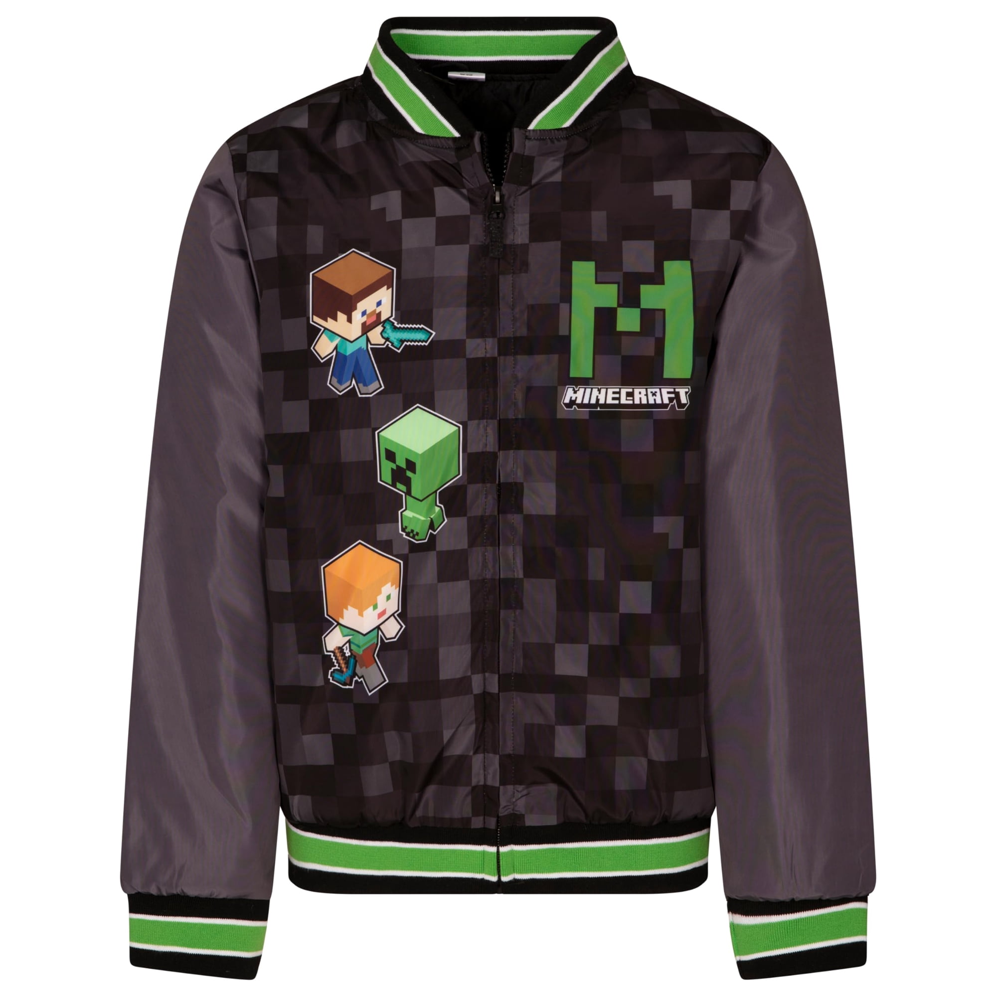 Click here for Minecraft Boys Varsity Bomber Jacket Black Gray 7-... prices