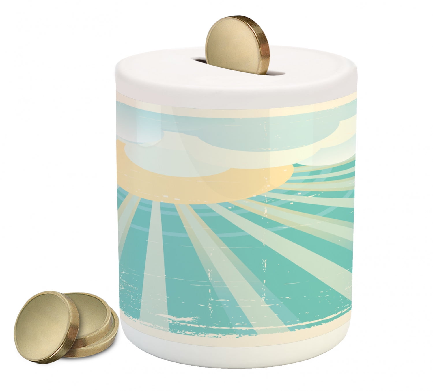 Vintage Blue Piggy Bank, Abstract Sun Rays and Fluffy Clouds with Aged ...