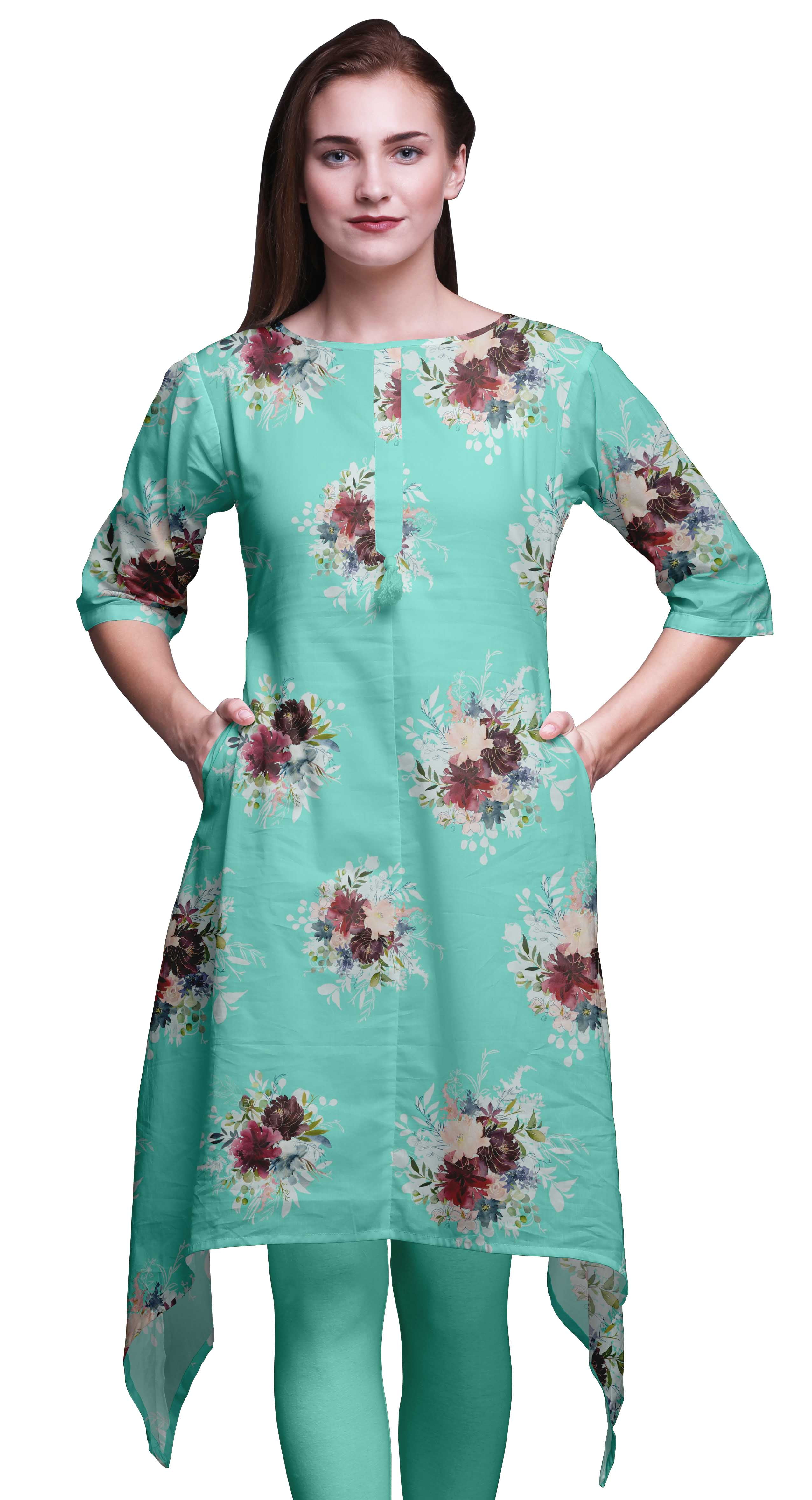 Bimba Green Leaves & Peony Floral Women Kurtas Ethnic Printed ...