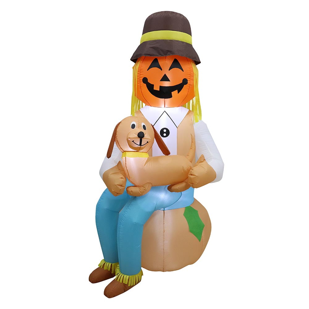 7' Air Blown Inflatable Scarecrow sitting w/ Puppy Yard Decoration ...