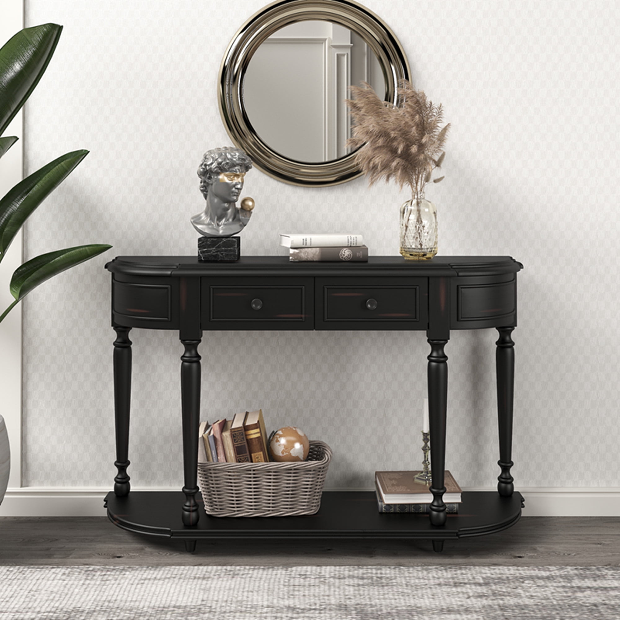 Retro Circular Curved Design Console Table with Open Style Shelf Solid ...