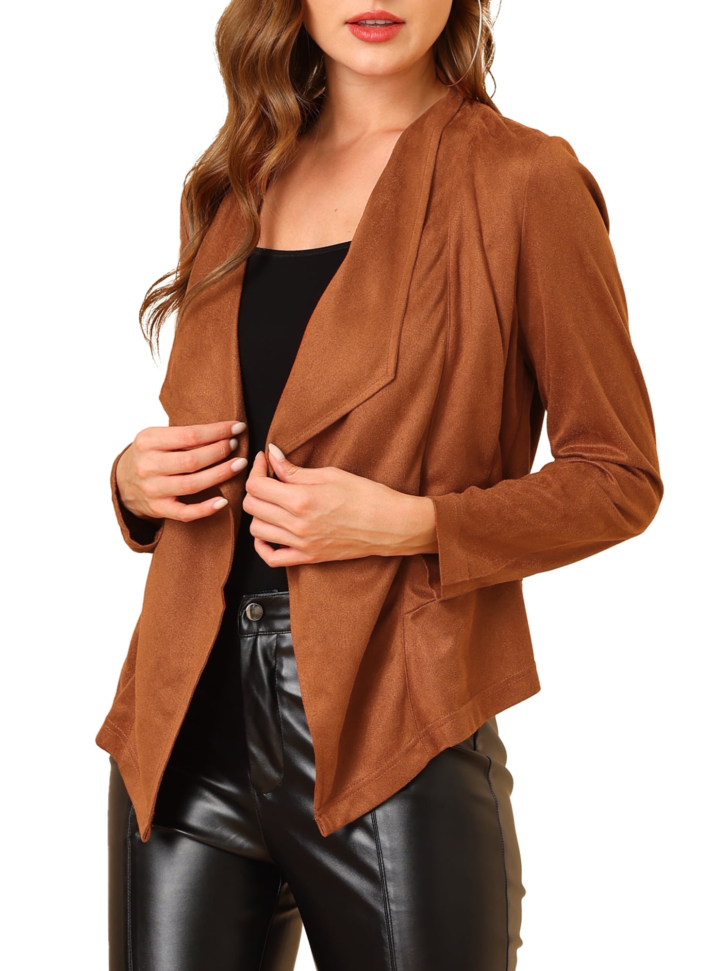 Allegra K Women's Faux Suede Long Sleeve Draped Front Moto Jacket ...
