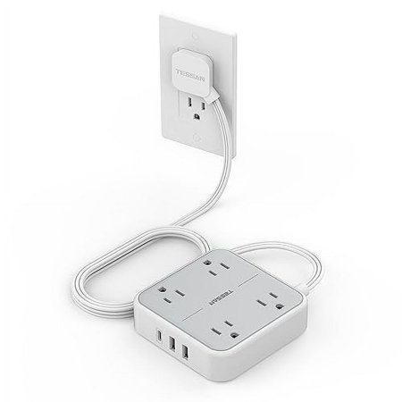 Flat Plug Power Bar with USB C, TESSAN Ultra-Thin Extension Cord Indoor ...