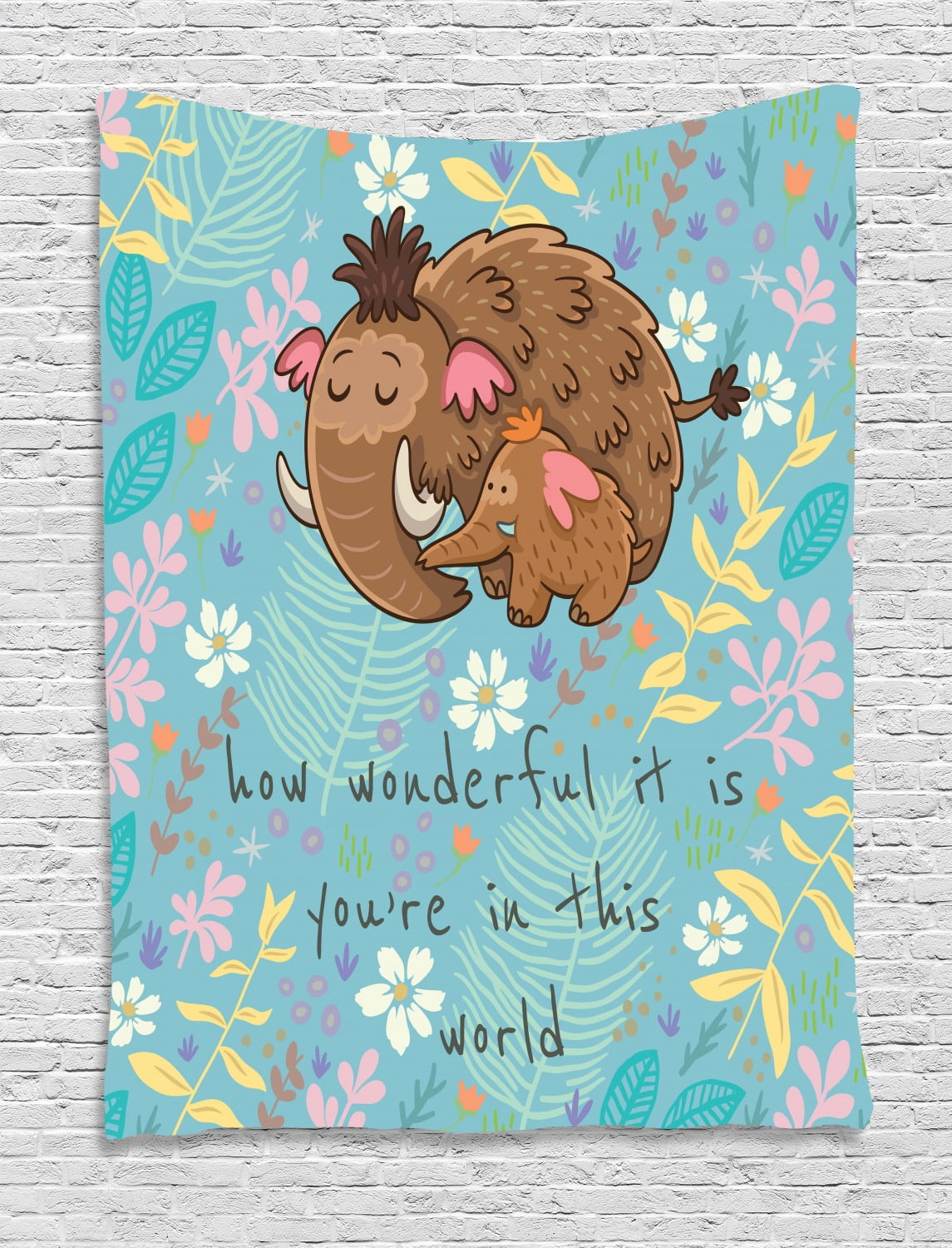 Quote Tapestry, Parent and Baby Elephant on a Floral Background with a ...