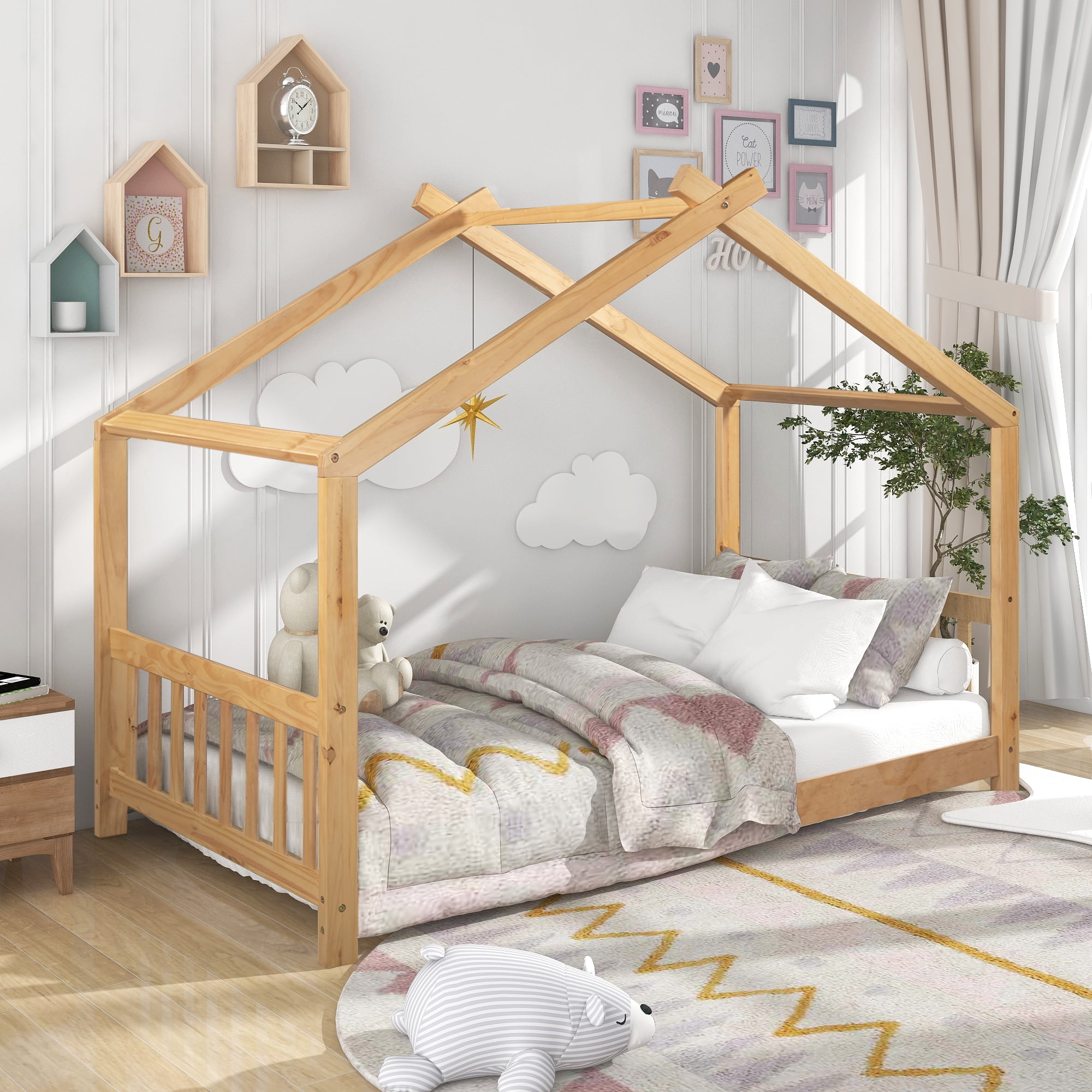 Nestfair Natural Twin Size House Platform Bed with Headboard and ...