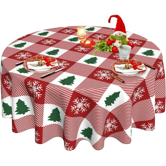 Christmas Tablecloth Red Plaid Tablecloth Round 60 Inch Winter Pine ...
