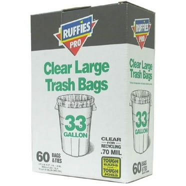 Ruffies Pro, Extra Large Wing Tie Clear Trash Bags, 33 Gallon, .75 Mil ...