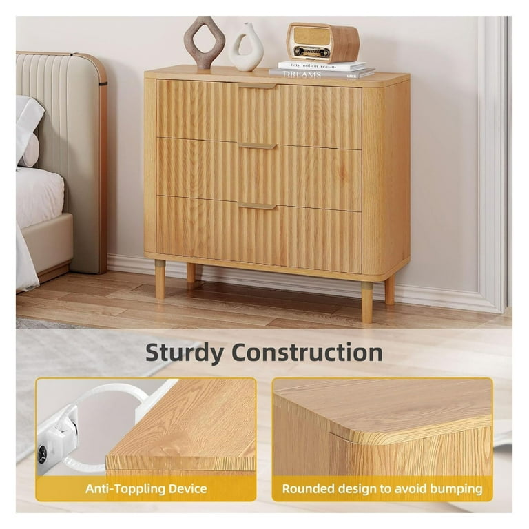 3 Drawer Dresser 32 inch Tall and Wider Modern Closet Dressers Chest of Drawers with Waveform Fluted Panel Wood Storage Dresser Organizer for Dorms