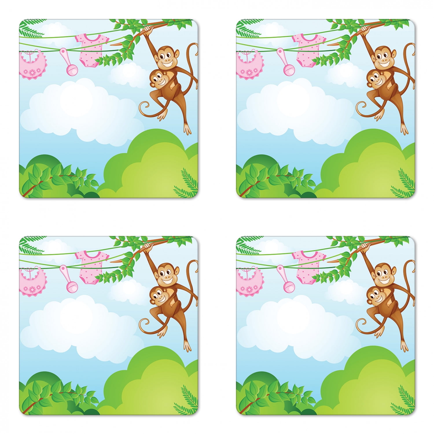 Nursery Coaster Set of 4, Monkey Swinging with the Kid Baby Clothes ...