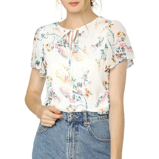 Allegra K Womens Floral Tie V Neck Flutter Sleeves Summer Blouse