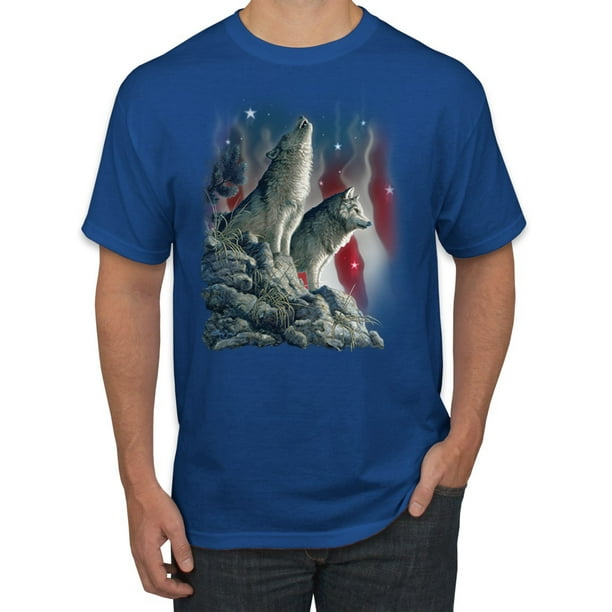 Howling Wolves into the Night Sky with Stars and Stripes | Mens Animal ...