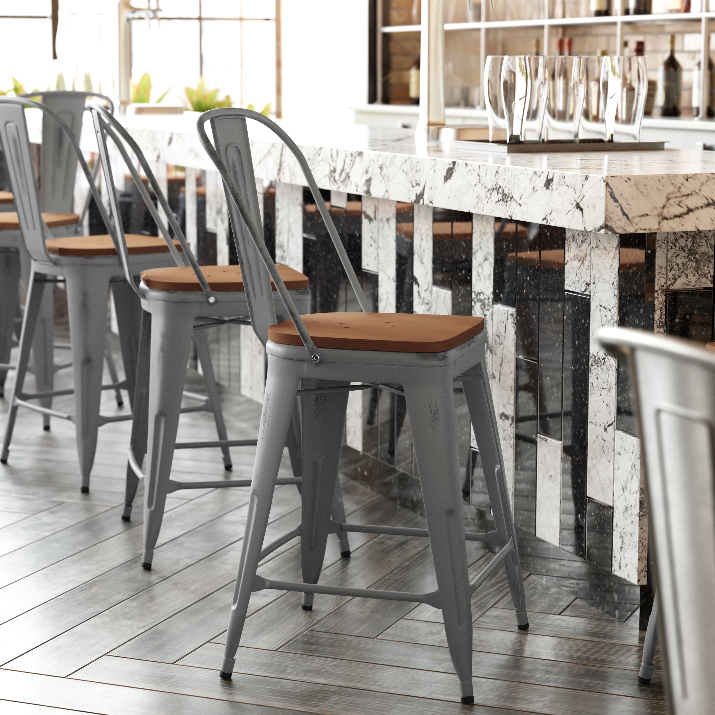 BizChair 24'' High Clear Coated Indoor Counter Height Stool with Back ...