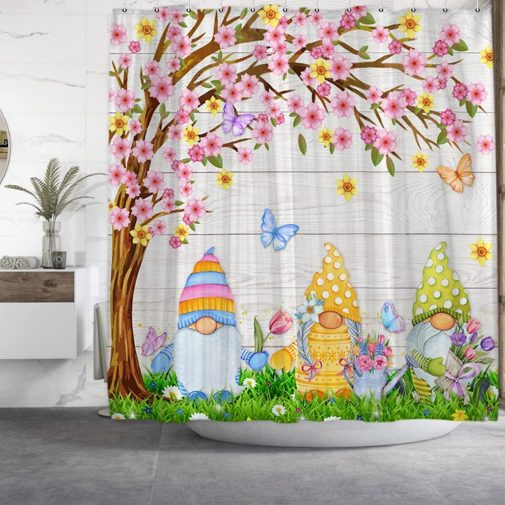 Spring Gnomes Shower Curtain White Wood Board Flower Butterfly Floral ...