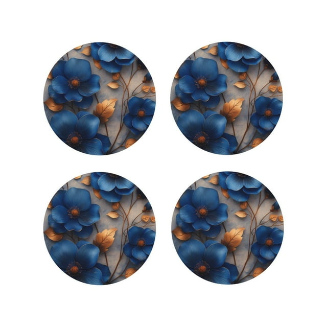 Fotbe Elegant Blue Gold Blooms Drawing Drink Coasters Set of 4 Leather ...