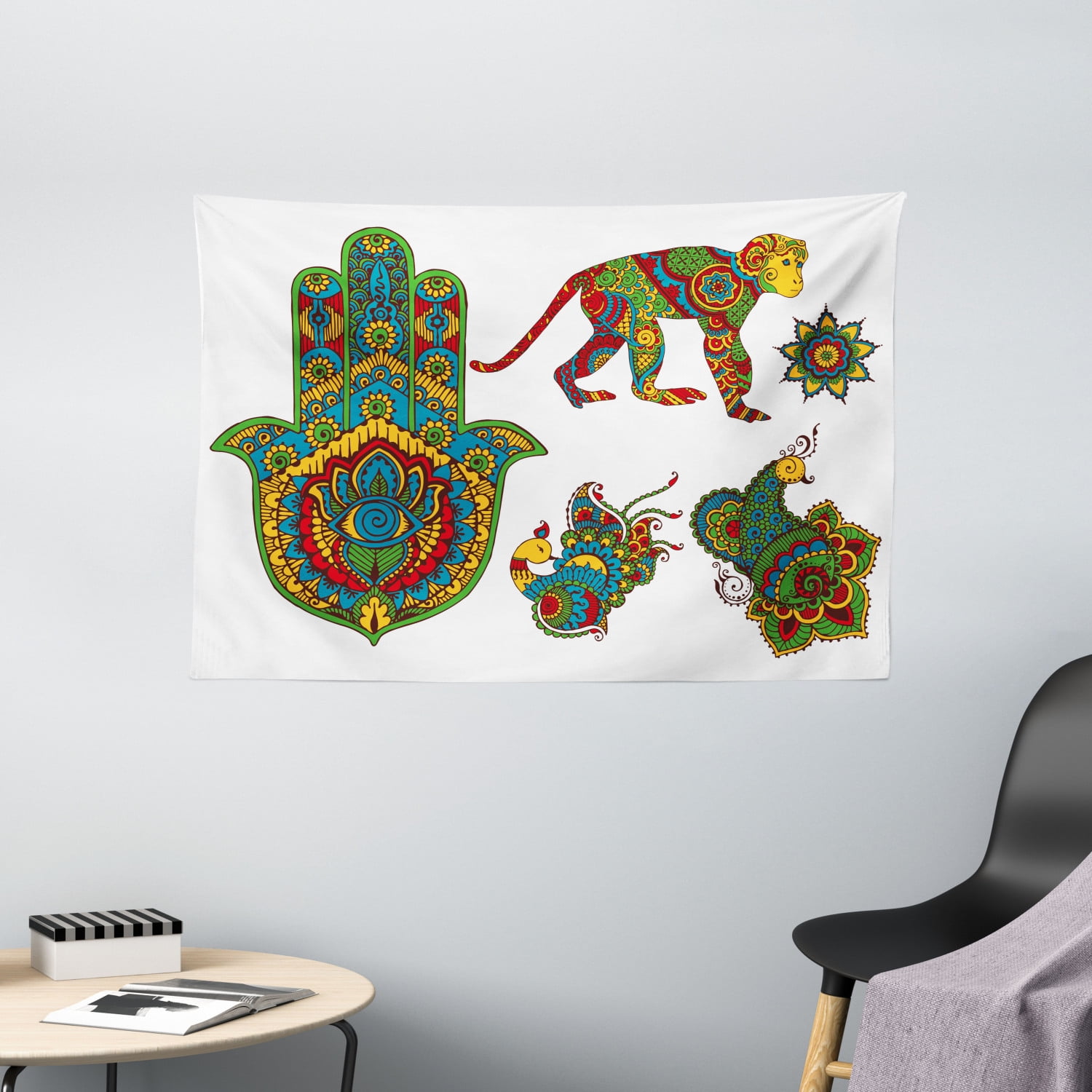 Hamsa Tapestry, Hand Painted Mehndi Style Figures Monkey Moroccan Star ...
