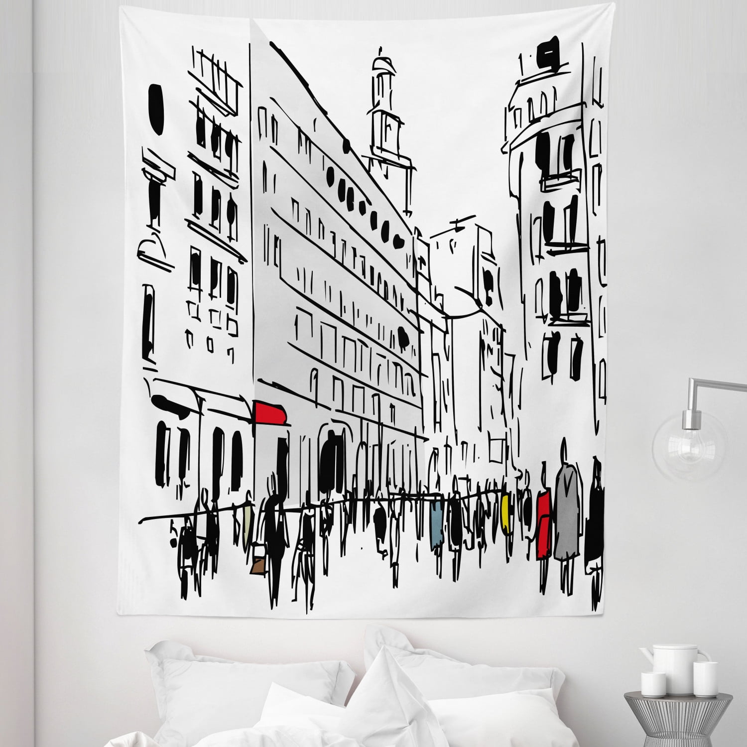 Urban Tapestry, Ink Illustration of Pedestrians on Busy Street with ...