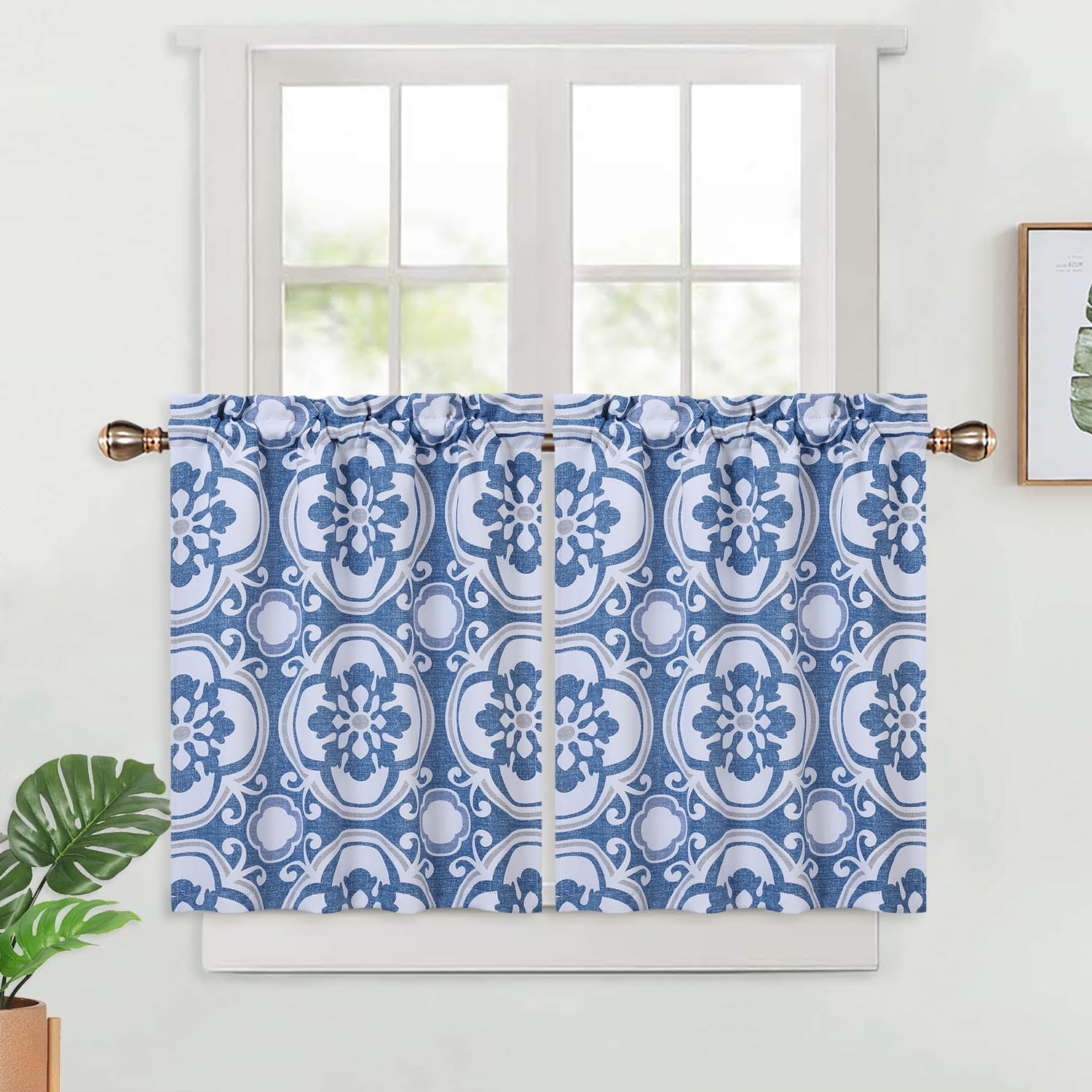 Assil Blue Tier Curtains Damask Floral Half Window Curtains Set Rod ...