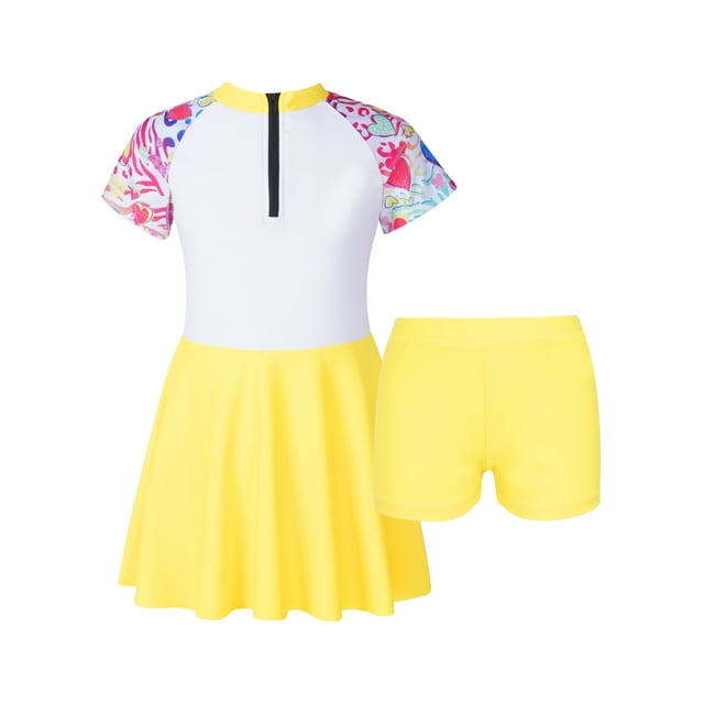 iEFiEL 2Pcs Girls Swimsuit Front Zipper Floral Print Dress with Shorts ...