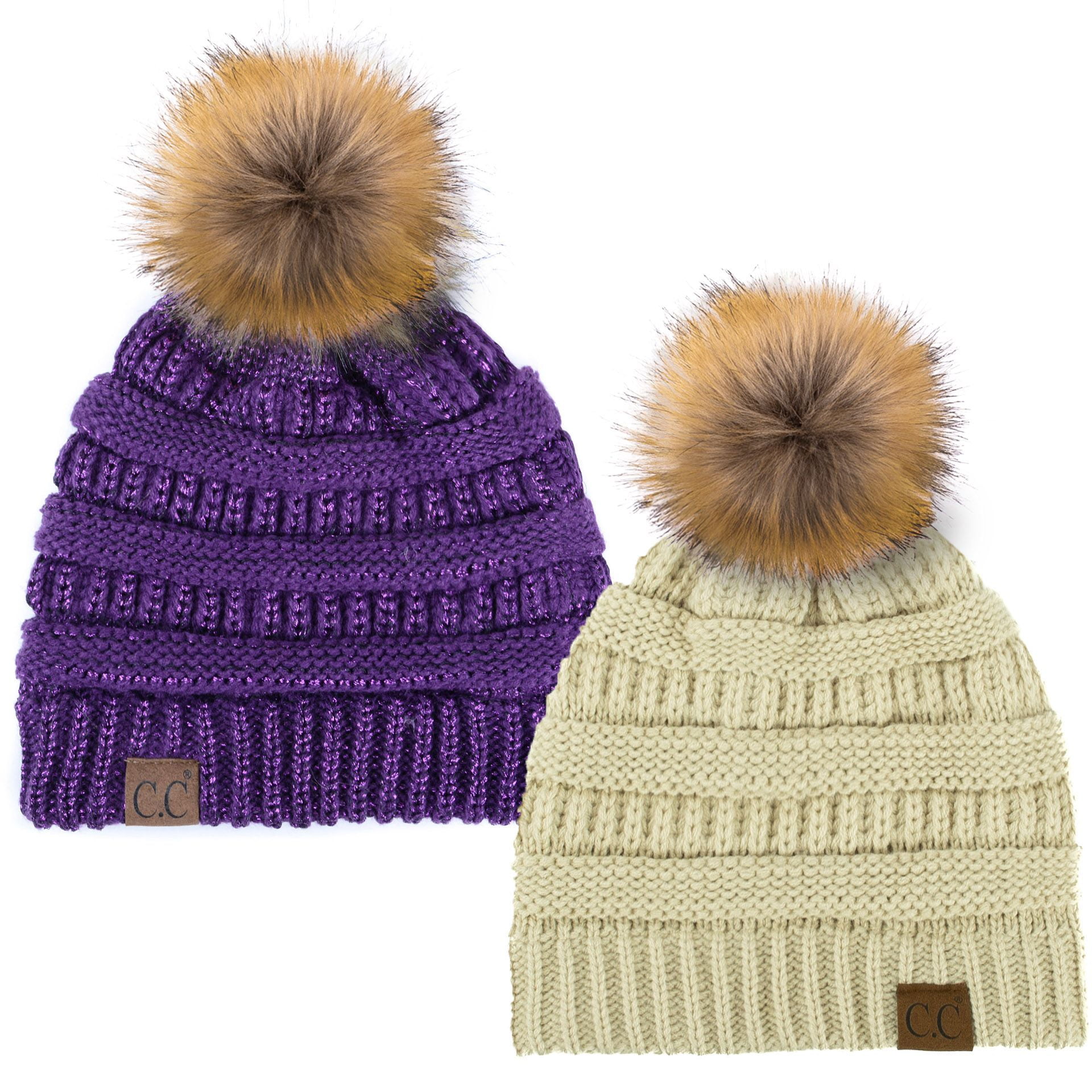 C.C Hat-43 Thick Warm Cap Hat Skully Faux Fur Pom Pom Cable Knit Beanie ...