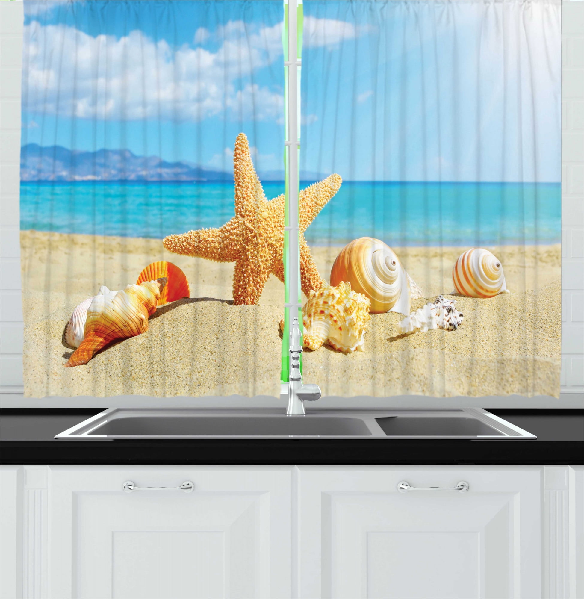 Seashells Kitchen Curtains, Summer Beach Theme and Sand with Rays in ...