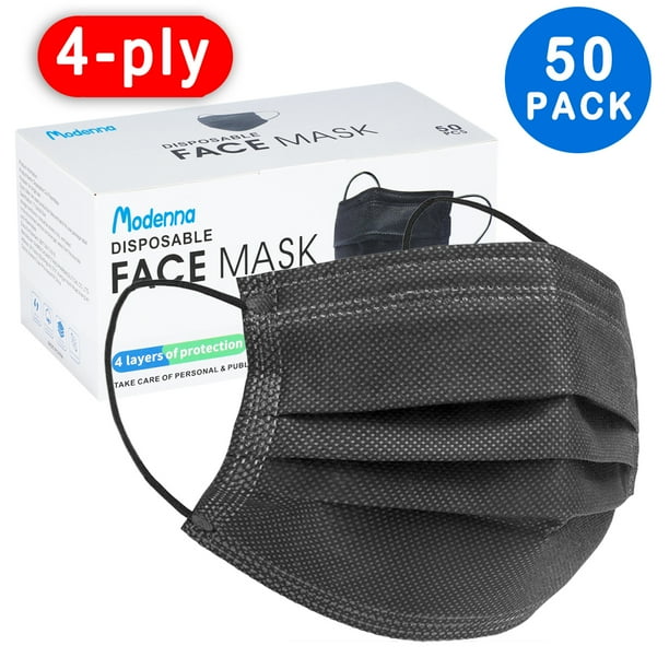 Modenna 4-Ply Disposable Face Masks Black 50Pcs, 4 Layer Elastic Ear ...