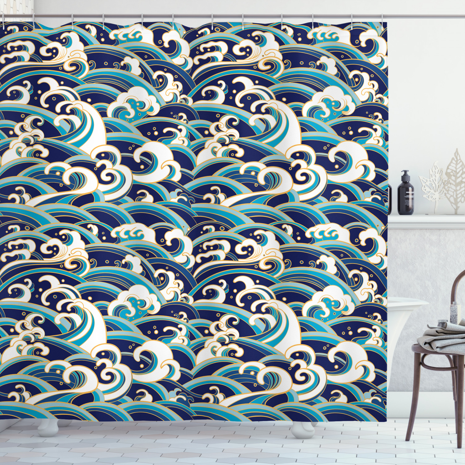 Nautical Shower Curtain, Traditional Oriental Style Ocean Waves Pattern ...