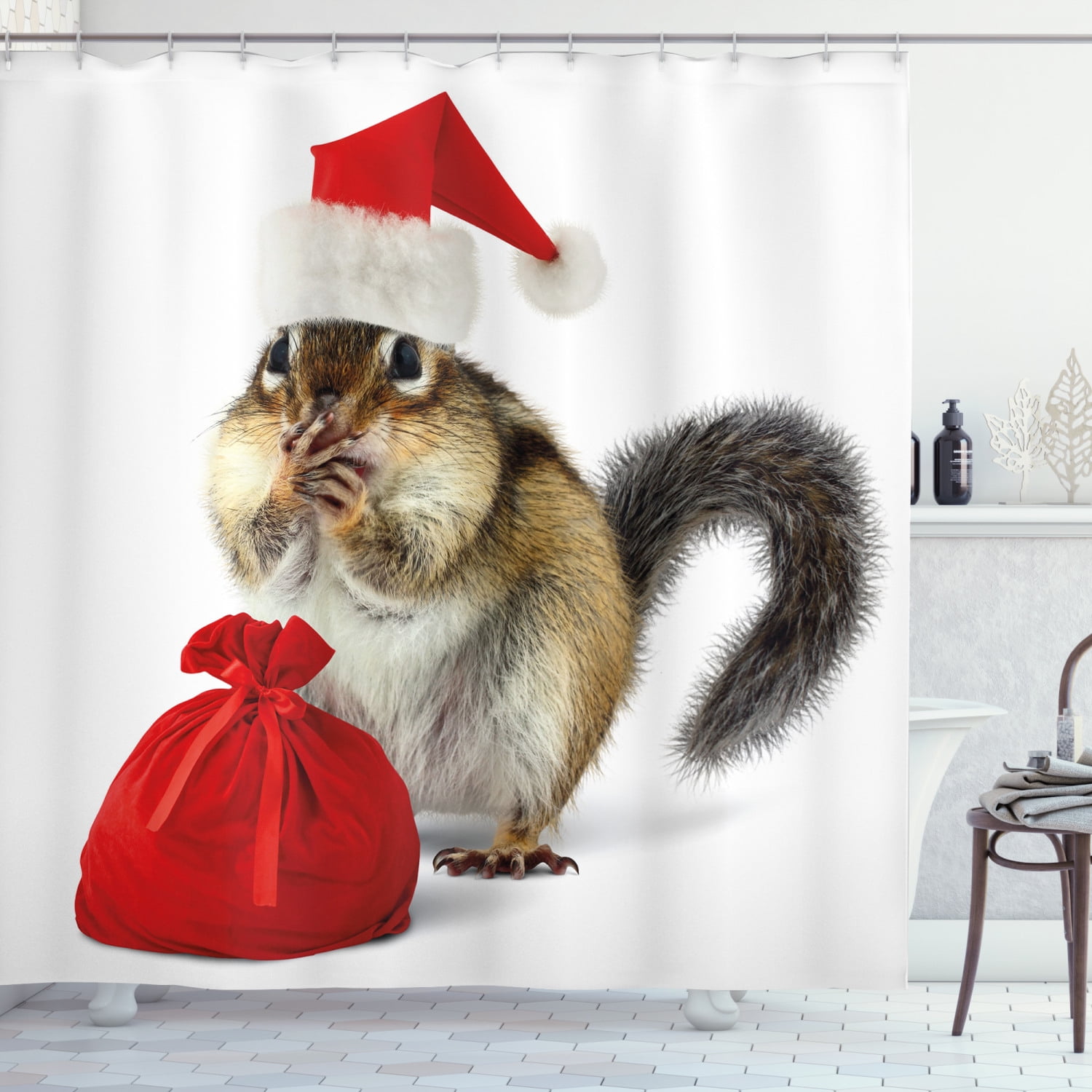 Ambesonne Christmas Shower Curtain, Chipmunk in Santa Hat, 69"Wx70"L ...