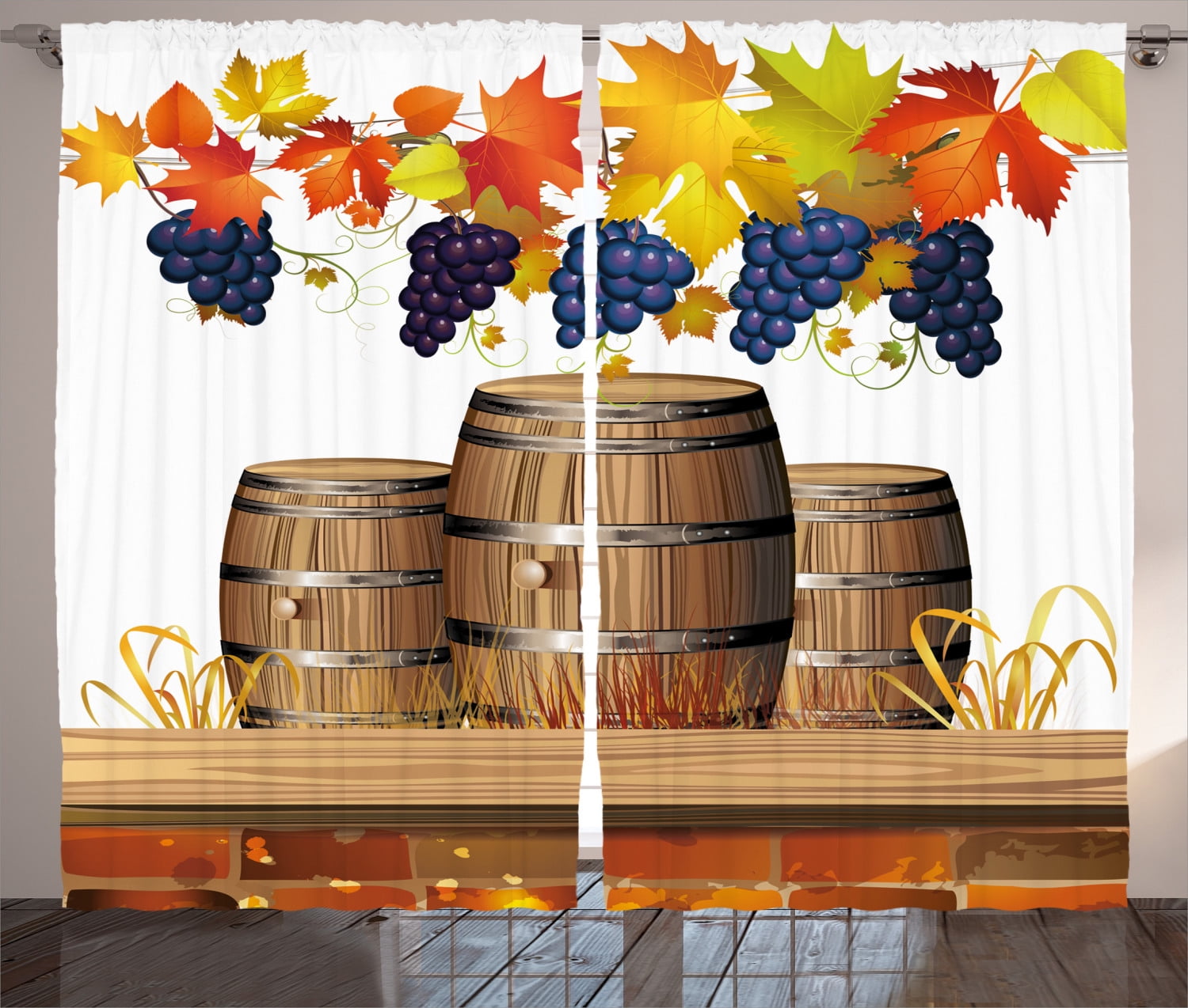 Grapes Home Decor Curtains 2 Panels Set, Wood Wine Barrels with Faded ...