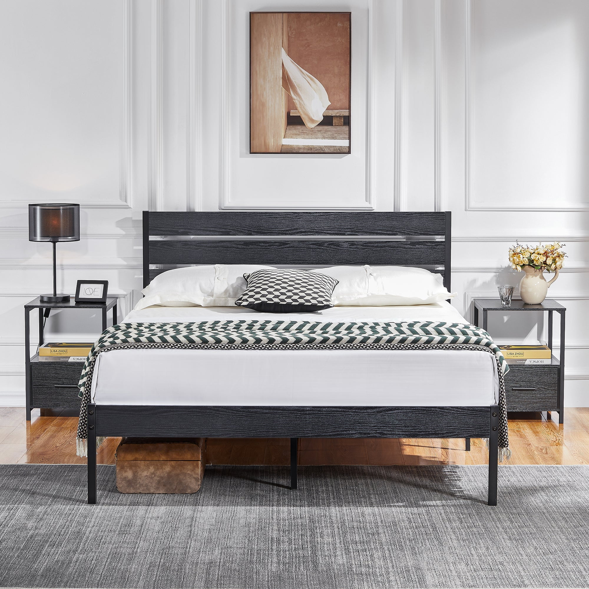 VECELO Queen Size Metal Platform Bed with Wooden Headboard, Rustic ...