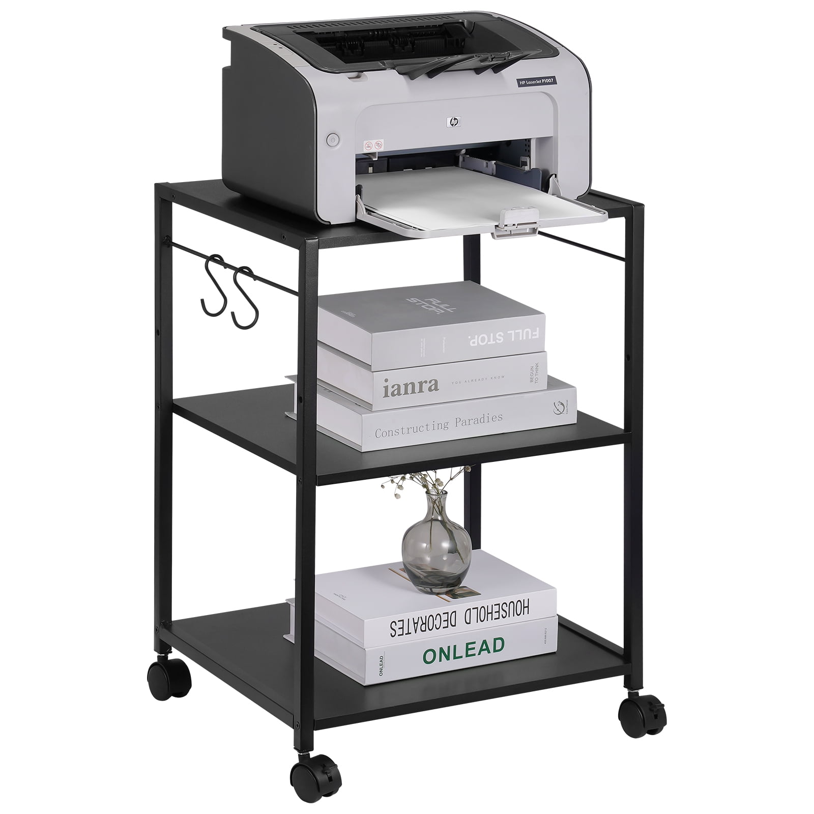 BENTISM Printer Cart 3-Tier Rolling Printer Stand with Hooks, Lockable ...
