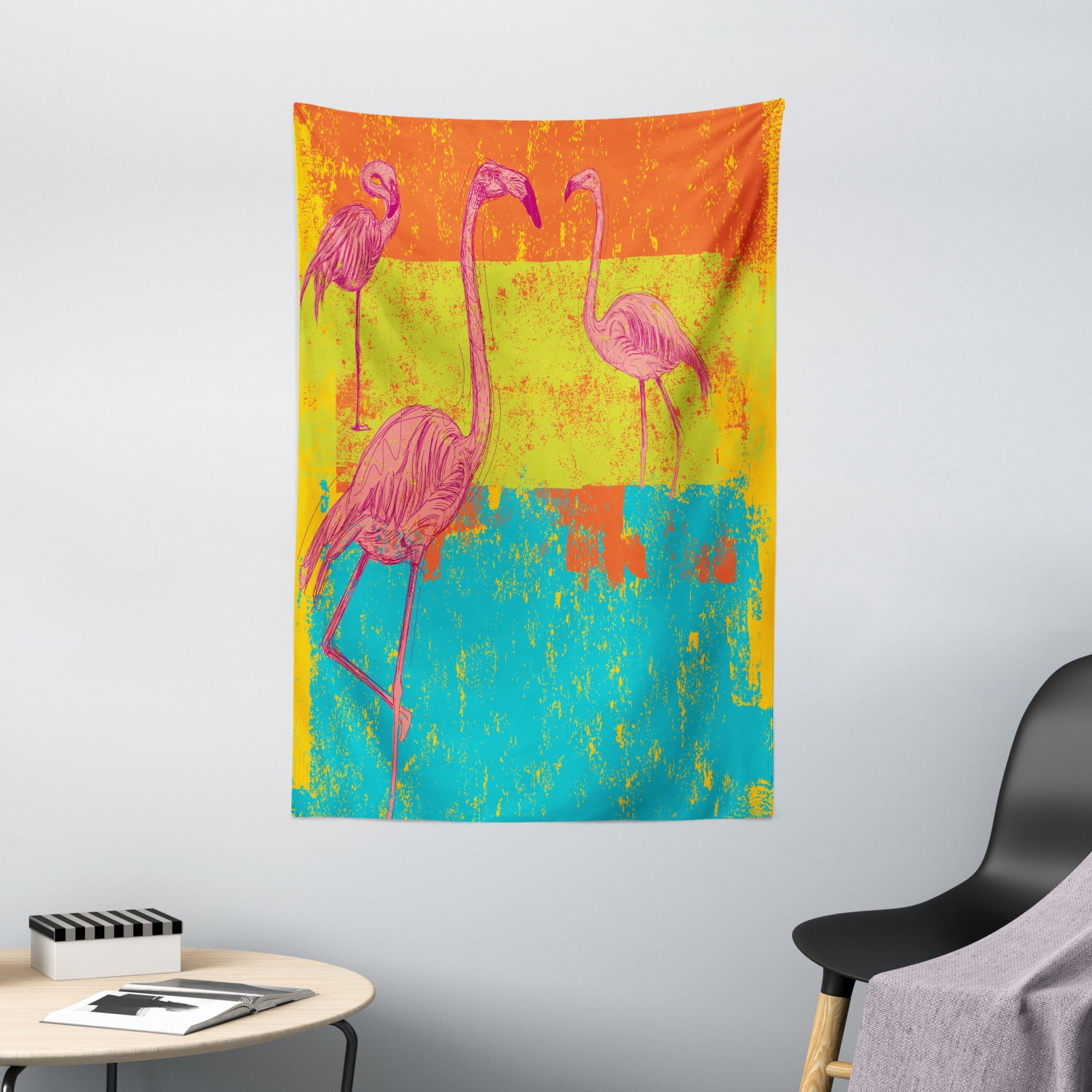 Flamingo Tapestry, Illustration of Flamingos in Old Style Retro Vintage ...