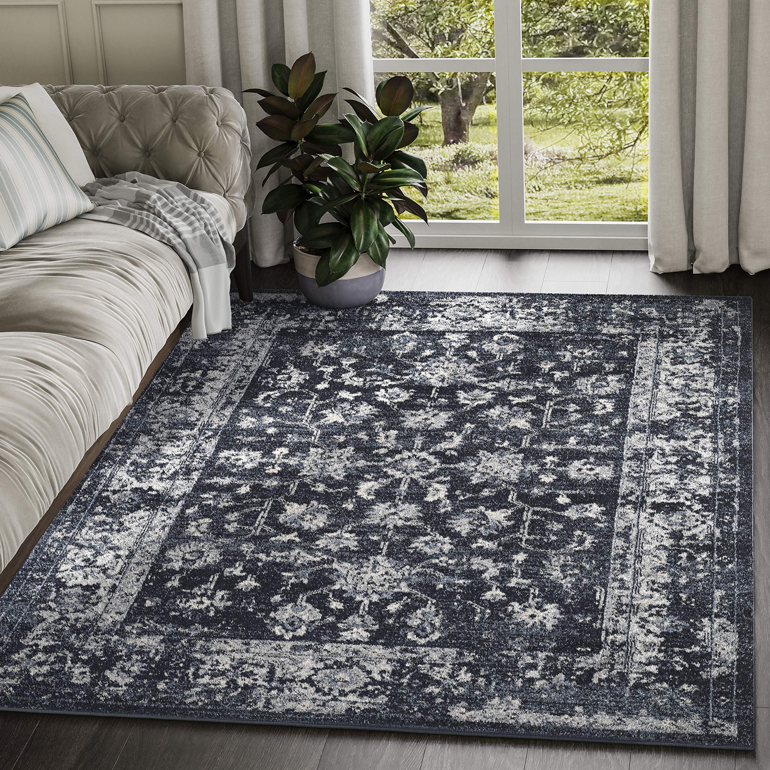Abani Troy Collection Vintage 7'9" x 10'2" Navy Distressed Floral Area ...