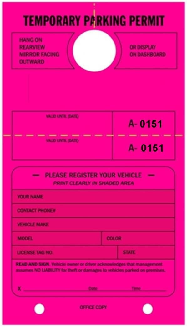 Temporary Parking Permit - Mirror Hang Tags, Numbered with Tear-Off ...
