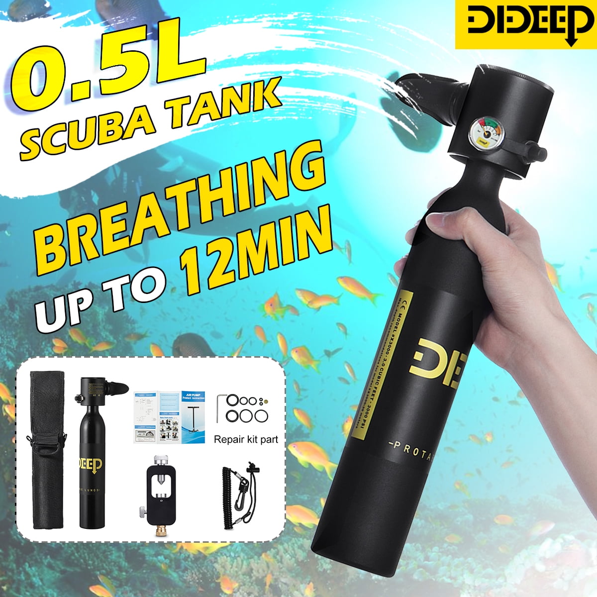 DIDEEP 500ML Portable Mini Oxygen Tank Diving Reserve Air Hand Pump ...