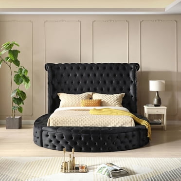Queen size Modern Round Platform Bed with Headboard in Black Faux ...