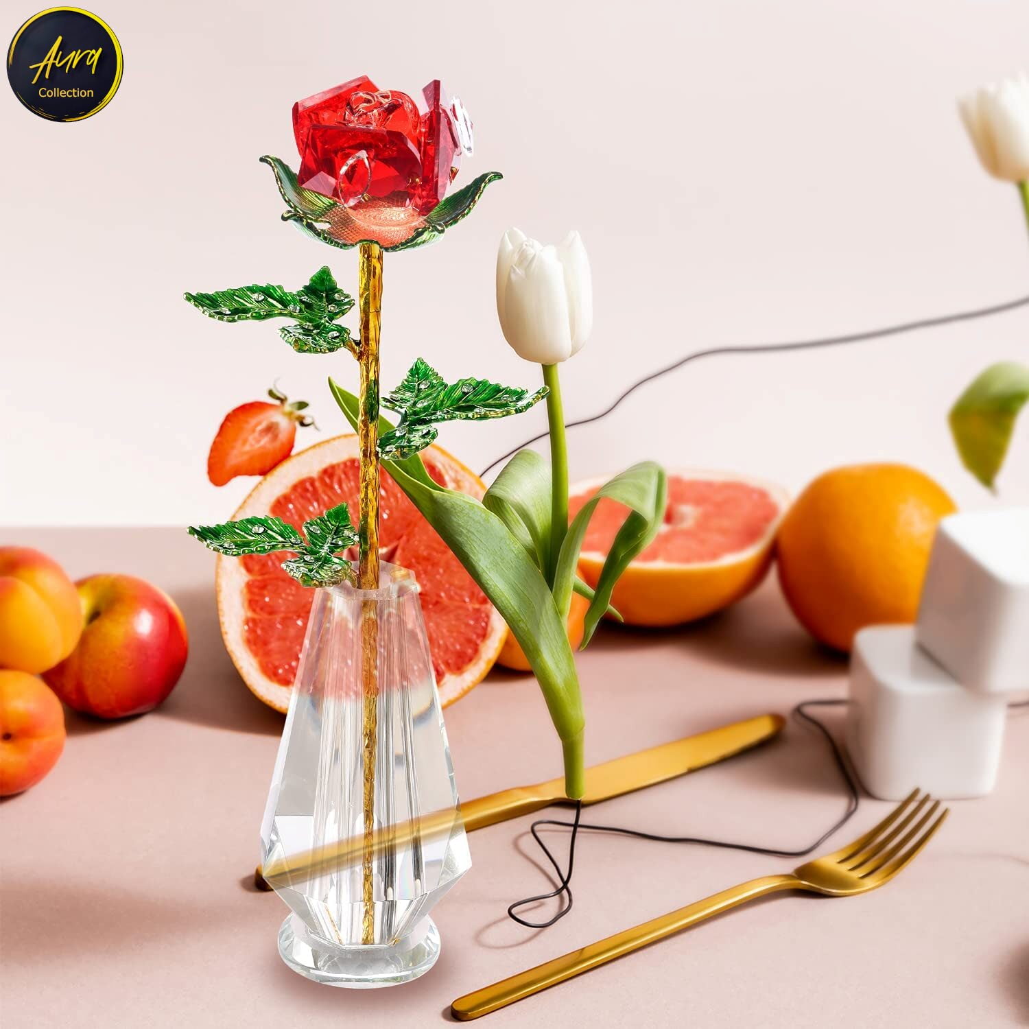 Aura Artificial Crystal Rose Glass Long Stem with Vase Best for Gifts ...