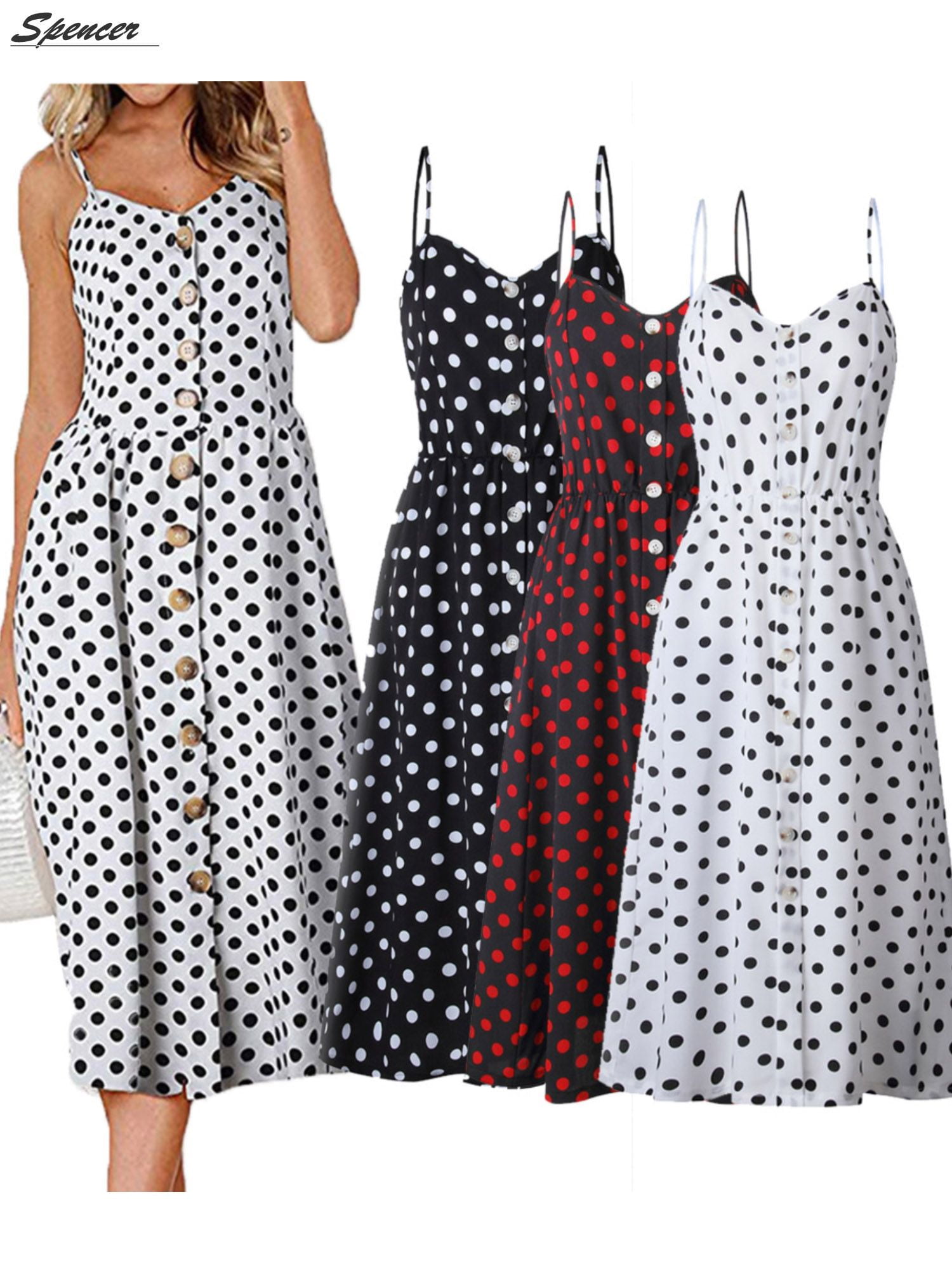 Spencer Women's Spaghetti Strap Dress Boho Tie Front Button Down Polka ...