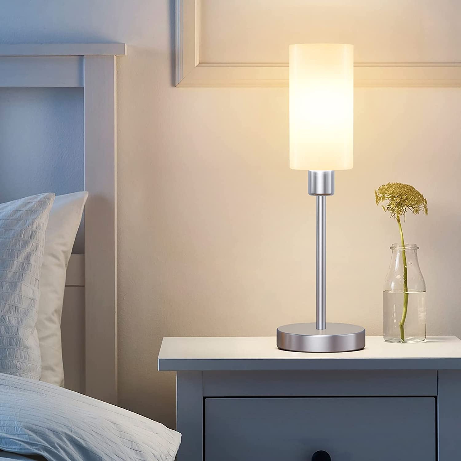 Touch Table Lamp, Silver Bedside Lamps, Modern Desk Lamp with Glass ...