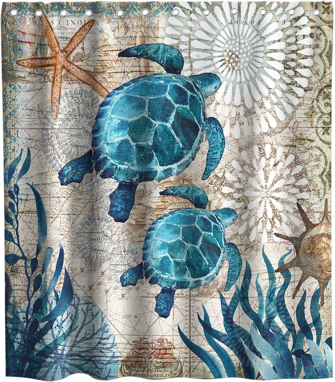 Final Friday Nautical Green Sea Turtles Beach Theme Fabric Shower