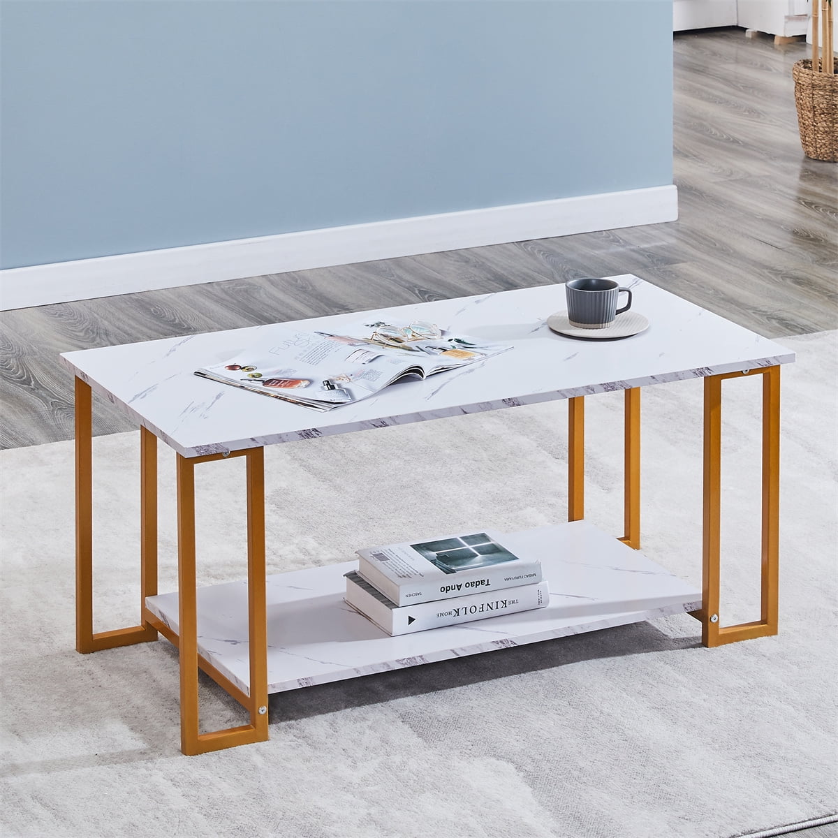 2-Tier Marble MDF Coffee Table, Rectangular Cocktail Tea Center Table ...