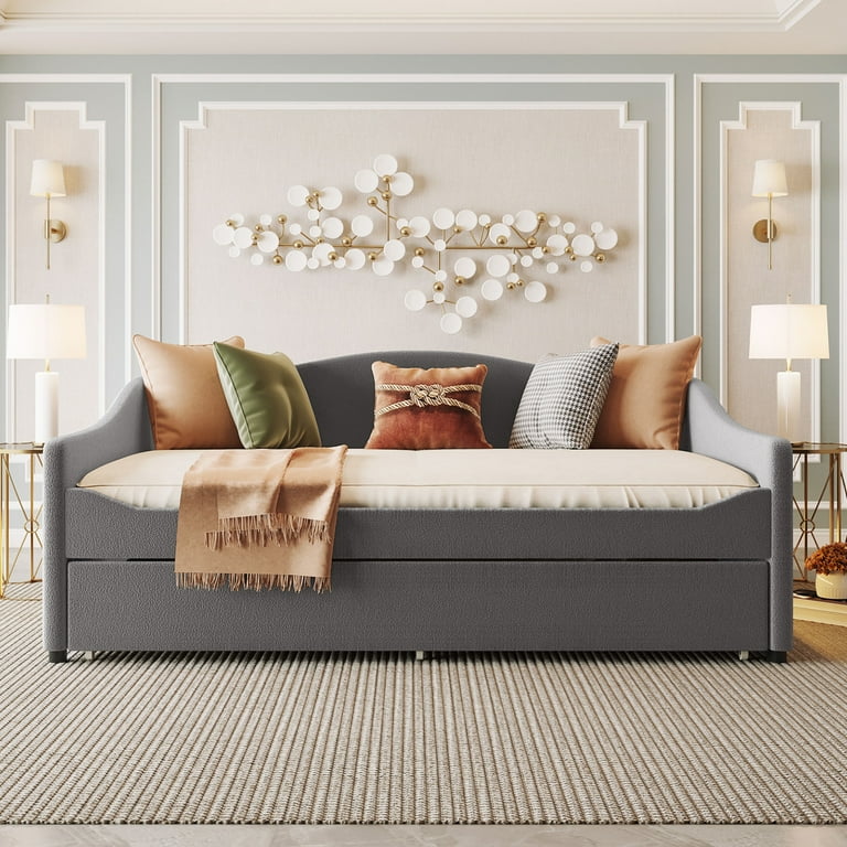 Full Size Upholstered Daybed Teddy Fleece Daybed with Trundle and Light Sofa Bed Frame for Bedroom Apartment Living room Gray Walmart