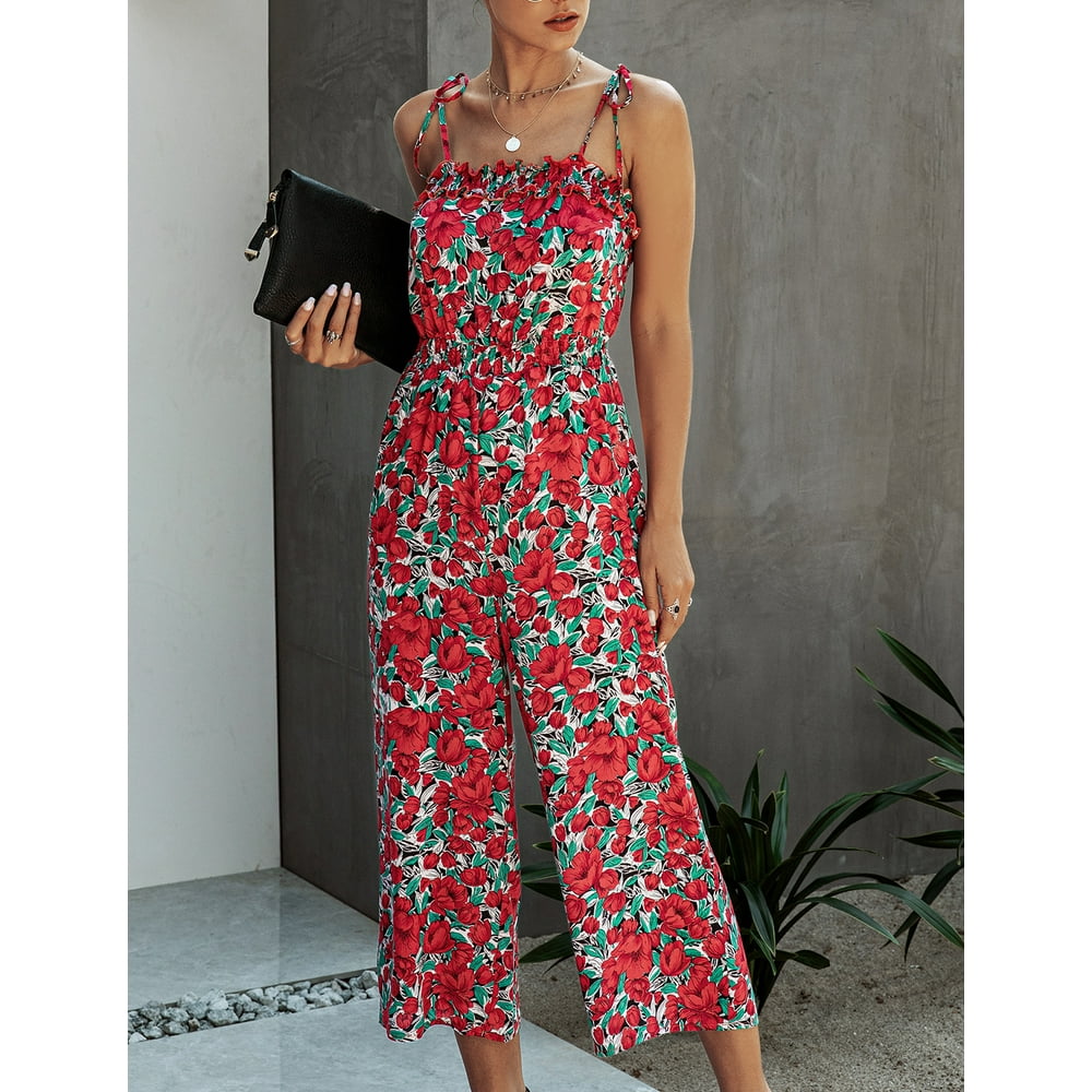 Top She Womens Summer Jumpsuits Flower Print Sleeveless Rompers