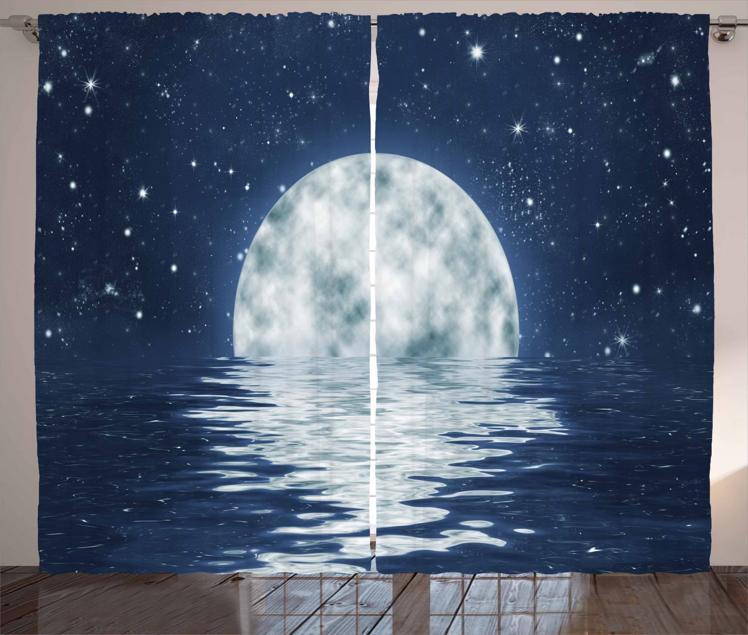 Moon Curtains 2 Panels Set, Moon Setting over the Sea with Waves Night ...
