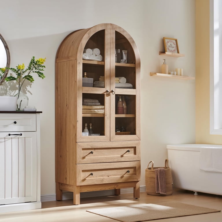 Walnut Bookshelf Bookcase With Fluted Doors, 71" Wood Storage Cabinet ...