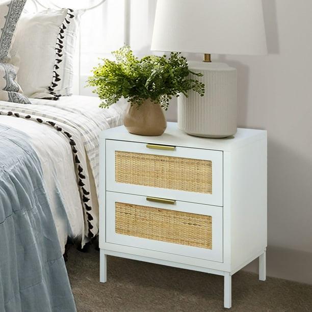 Natural Rattan 2 Drawer Nightstand, White Wood Storage Cabinet for ...