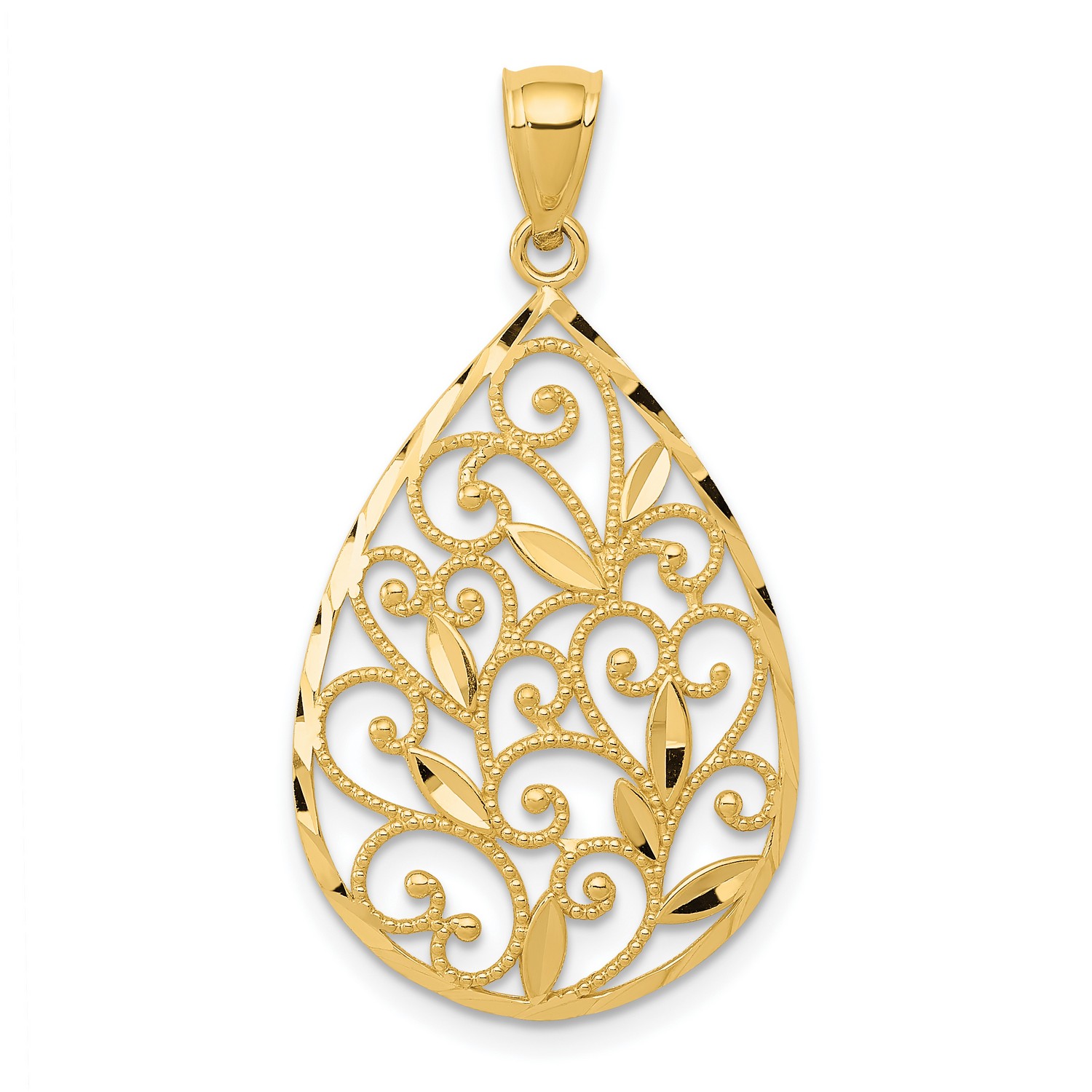 14k Yellow Gold Polished & Textured Filigree Teardrop Pendant 35 mm x ...