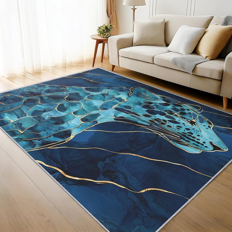 Navy Blue Marble Cheetah Area Rugs, Animal Print Abstract Carpet ...