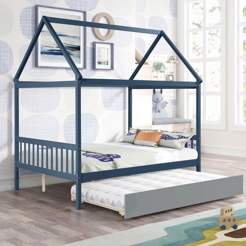 Full House Bed with Trundle Bed , Wood Full Size Daybed for Girls Boys ...