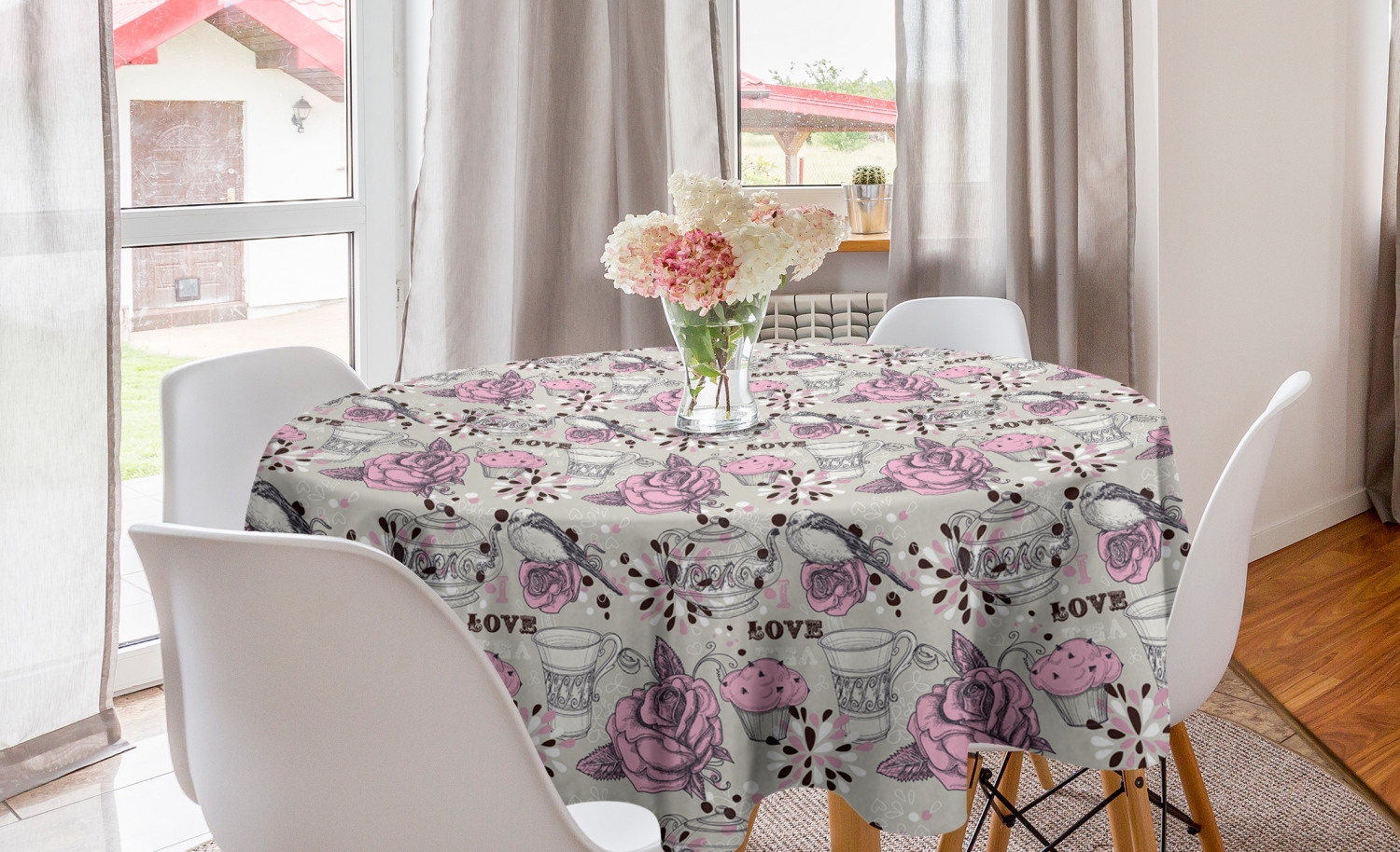 Tea Party Round Tablecloth, Ornate Teacup and Pot with Romantic Roses ...